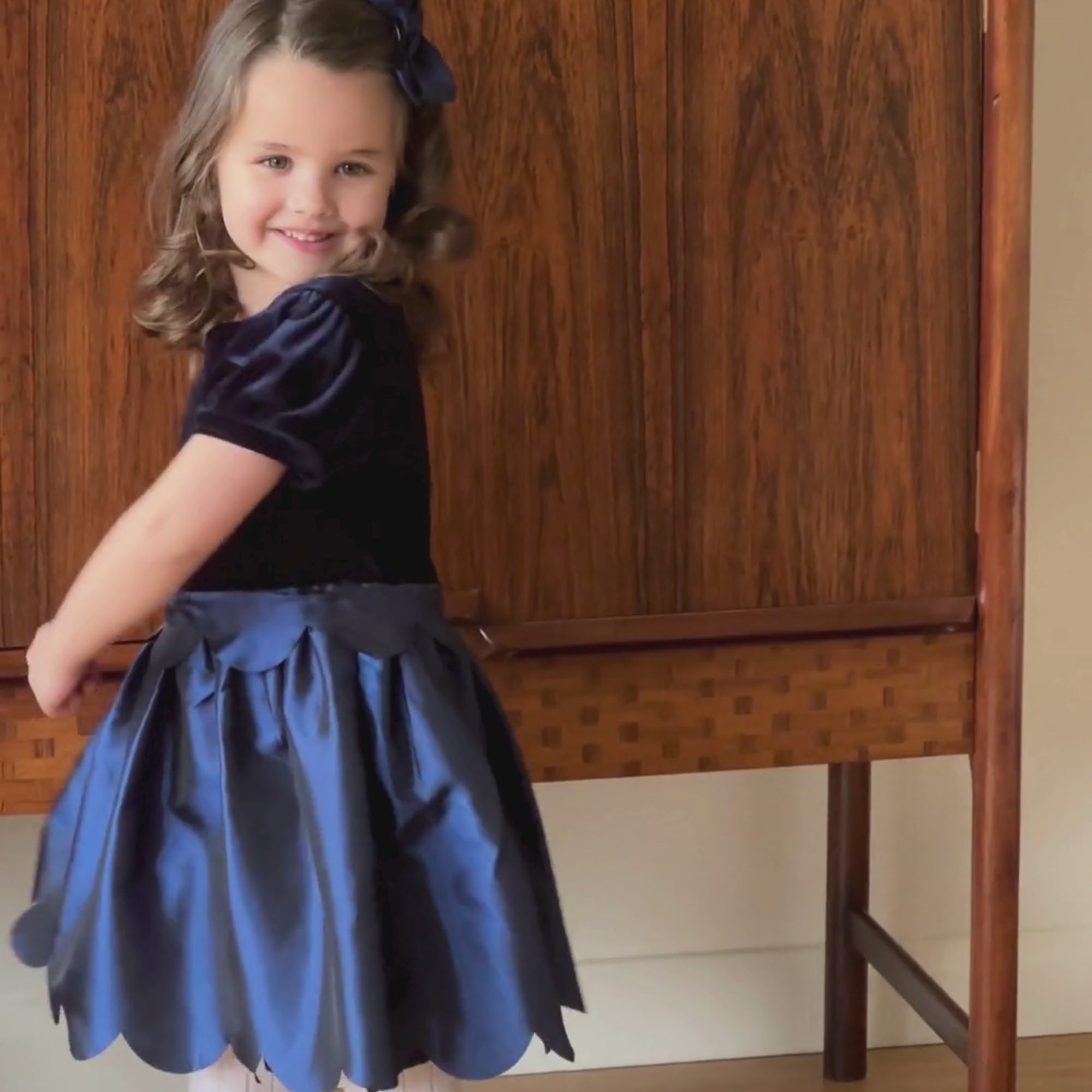 Navy Taffeta Scalloped Dress